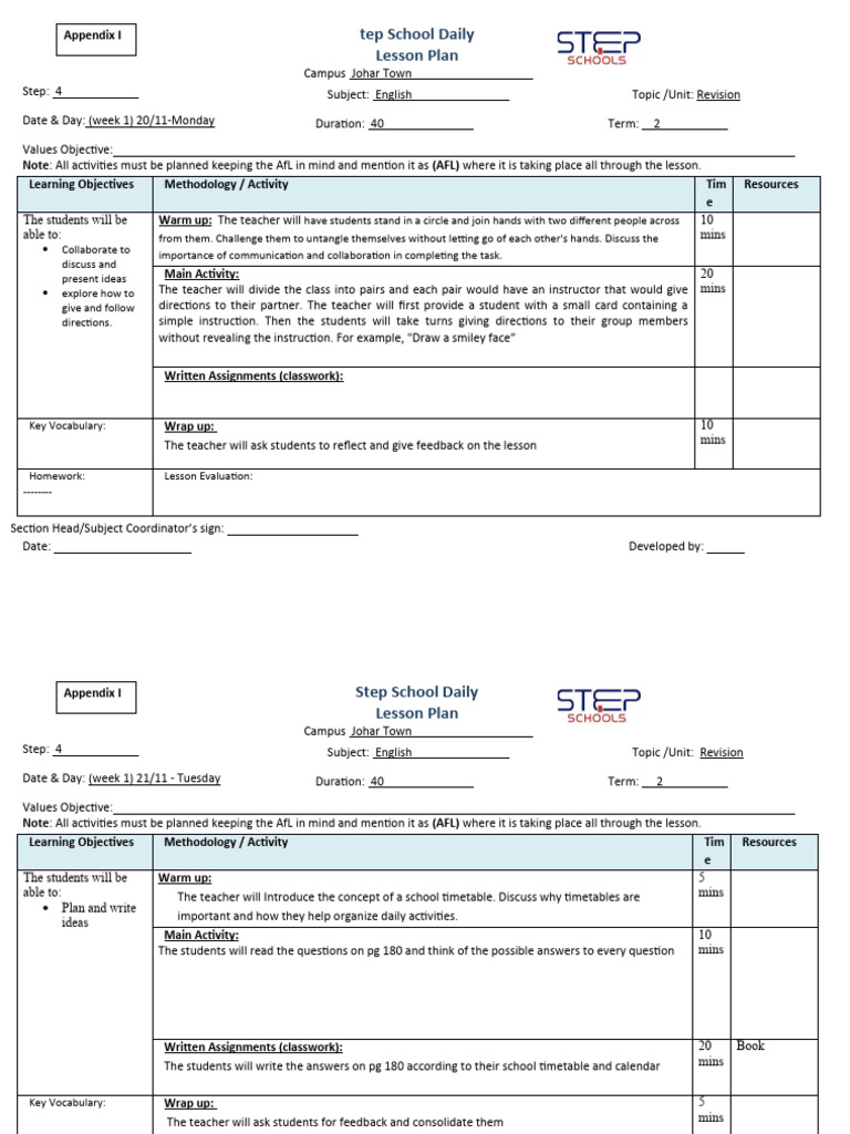 Grade 4 Week 1 | PDF | Lesson Plan | Homework