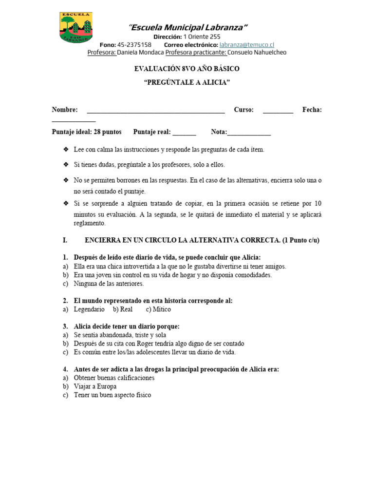 EVALUACIÓN PREGÚNTALE A ALICIA Pie | PDF