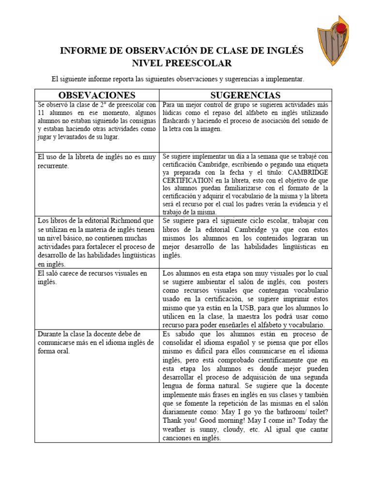 Informe de Observación de Clase de Inglés Nivel Preescolar | PDF ...
