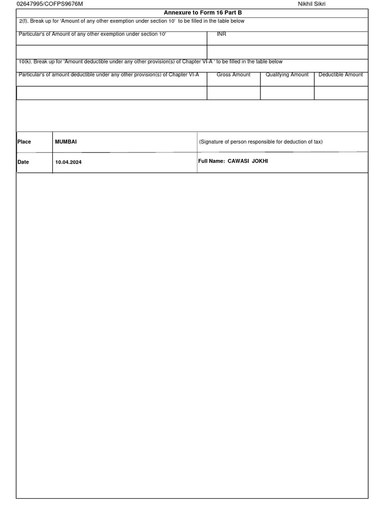 Place Mumbai: Annexure To Form 16 Part B | PDF | Employee Benefits | Salary