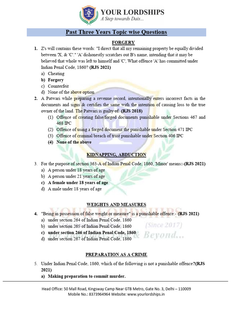 RJS IPC Previous Year Questions Topic Wise | PDF | Crimes | Crime & Violence