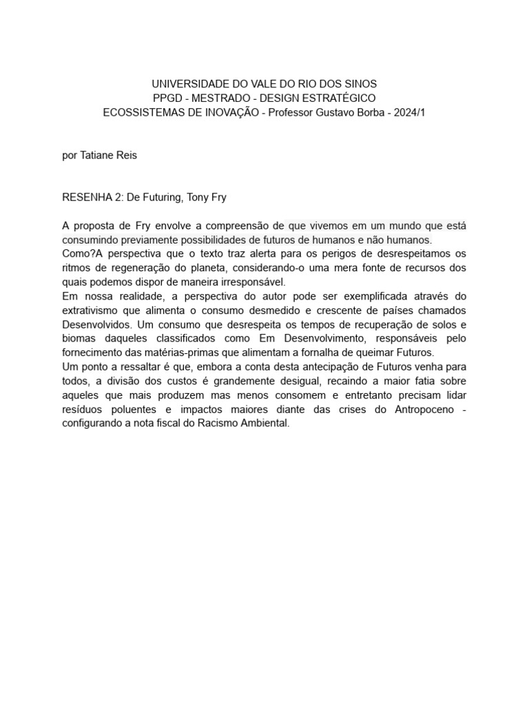 RESENHA 2_ De Futuring, Tony Fry | PDF