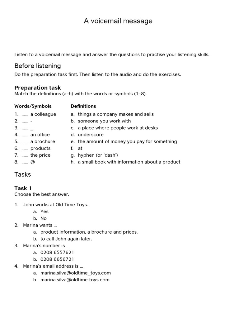 Voicemail Listening Exercise A1 | PDF | Voicemail