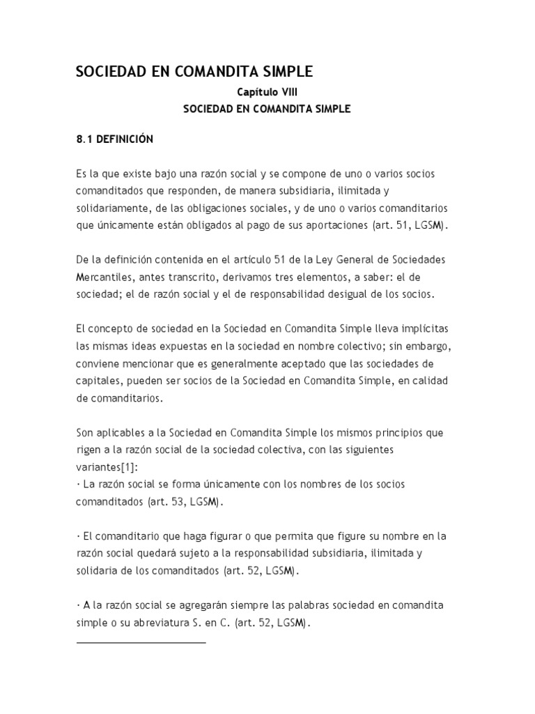 Características y funcionamiento de la Sociedad en Comandita Simple según la Ley General de ...