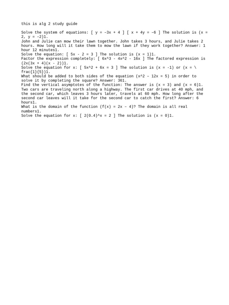 Algebra 2 Study Guide Solutions | PDF | Science & Mathematics