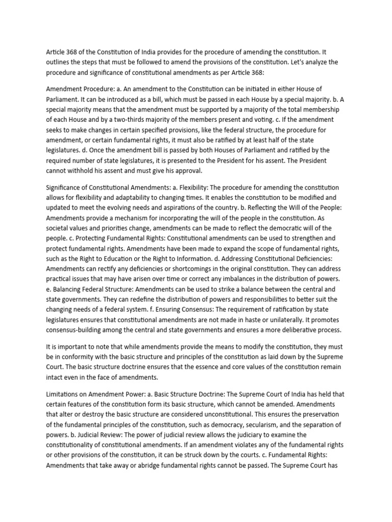 Article 368 of The Constitution of India Provides For The Procedure of ...