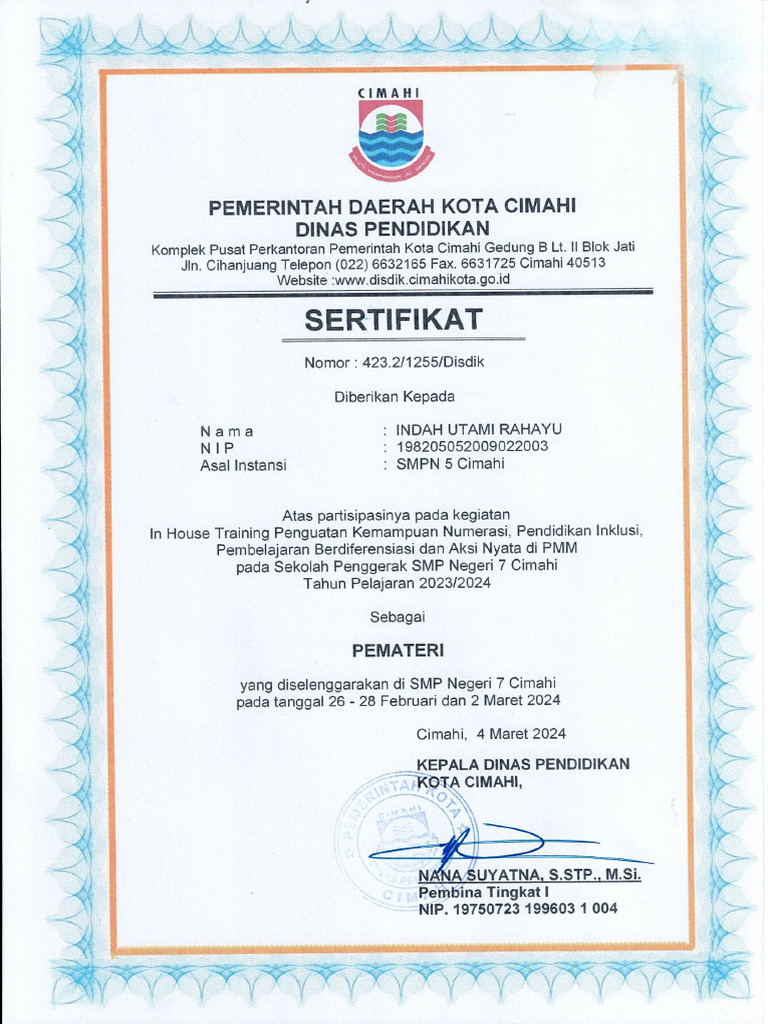 Sertifikat Indah Utami 4 Maret 2024 | PDF