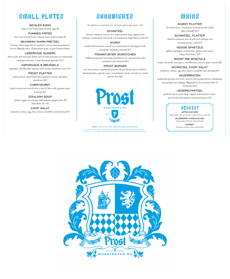 Prost DC dinner menu | PDF | Sausage | French Fries