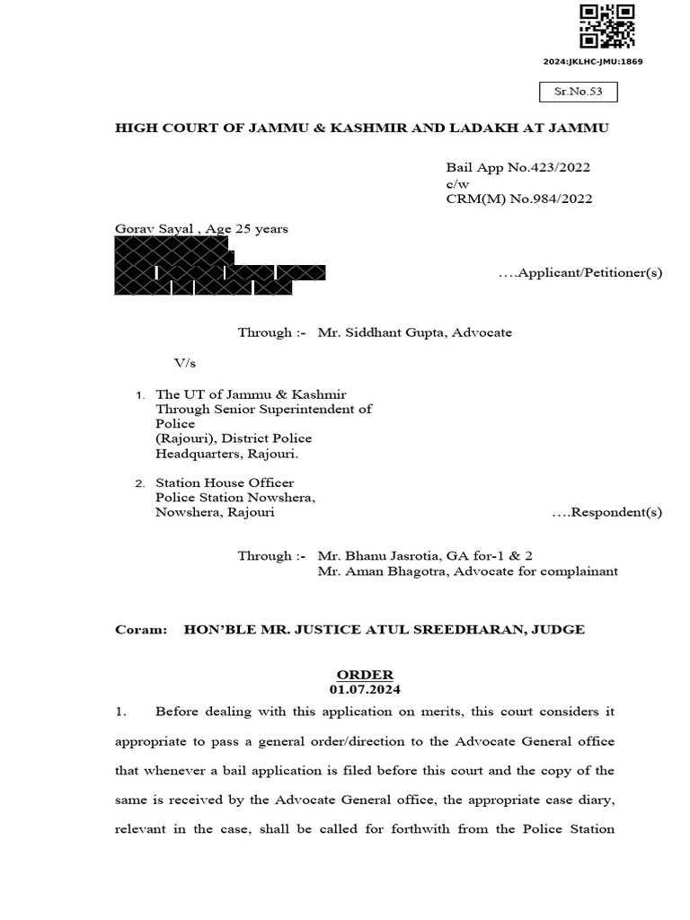 Gorav - Sayal - V - S - UT - of - Jammu - and - Kashmir Case Diary | PDF | Bail | Justice