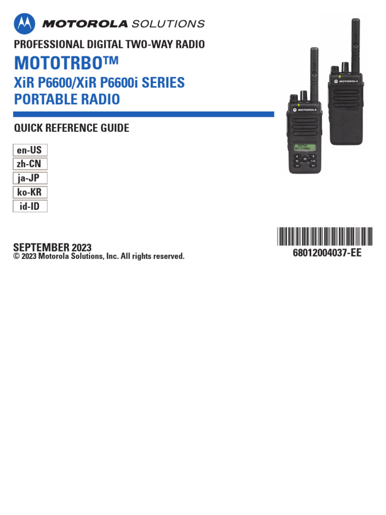 68012004037-EE Multilingual MOTOTRBO XiR P6600 XiR P6600i Series Portable Radios Quick Reference ...