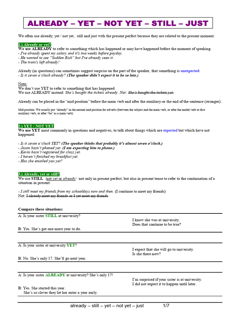 ALREADY-YET-STILL-JUST (Grammar and Exercises) | PDF | Verb | Question