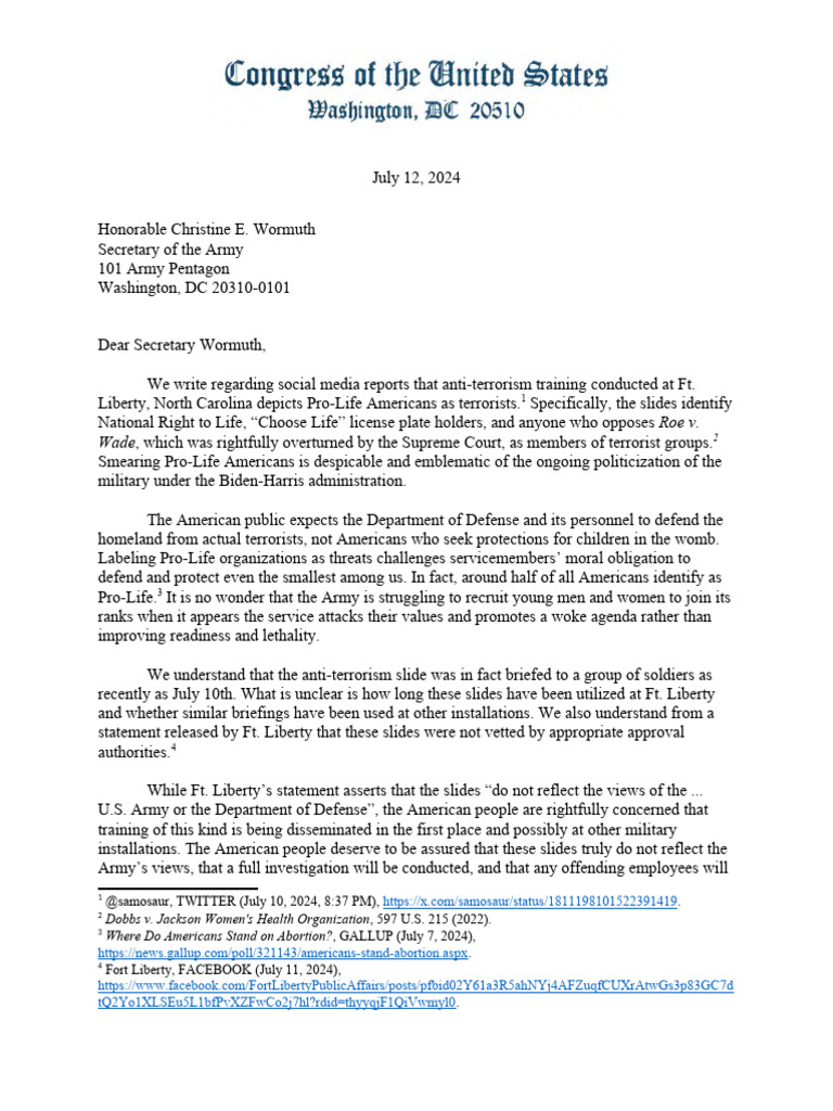Letter To SecArmy Re Anti Terrorism Slide FINAL | PDF | Anti Abortion ...