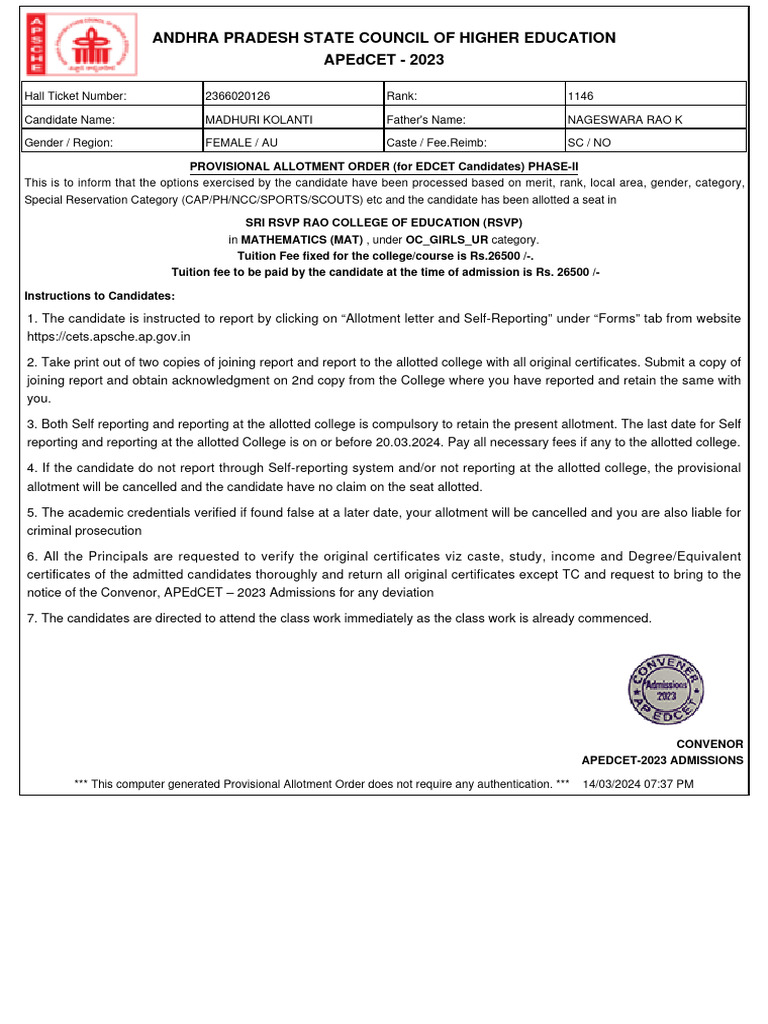 Andhra Pradesh State Council of Higher Education Apedcet - 2023 | PDF