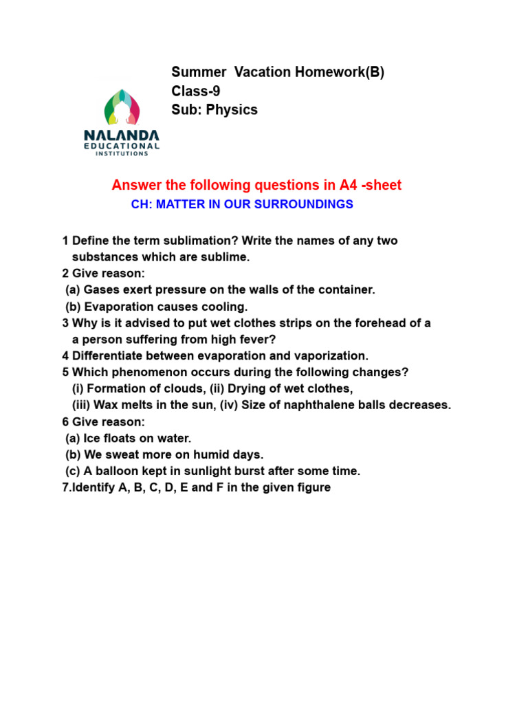 Class 9 Summer Holidays Homework(B)(24 25) | PDF