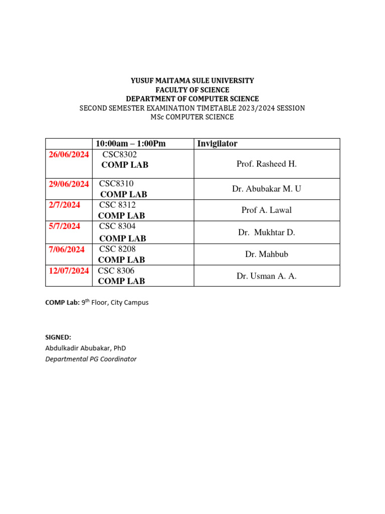 MSc Computer Science Exam Timetable 2024 | PDF | Computers