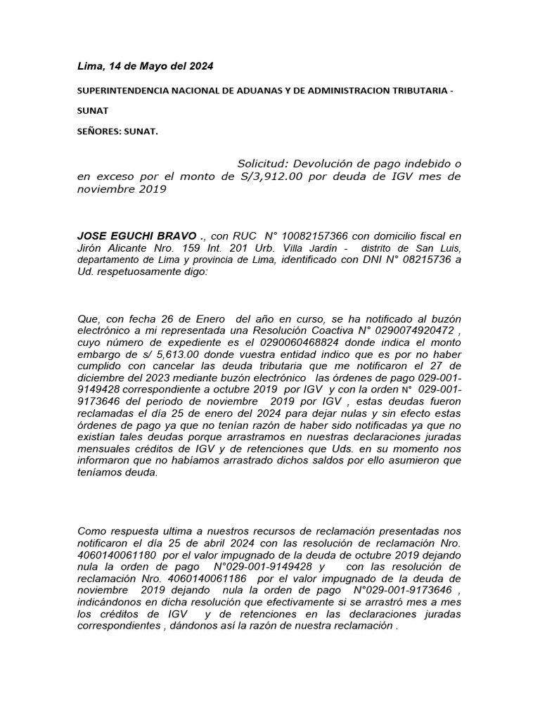 Carta Devolucion de Pago Indebido Deuda Igv Noviembre 2019 | PDF