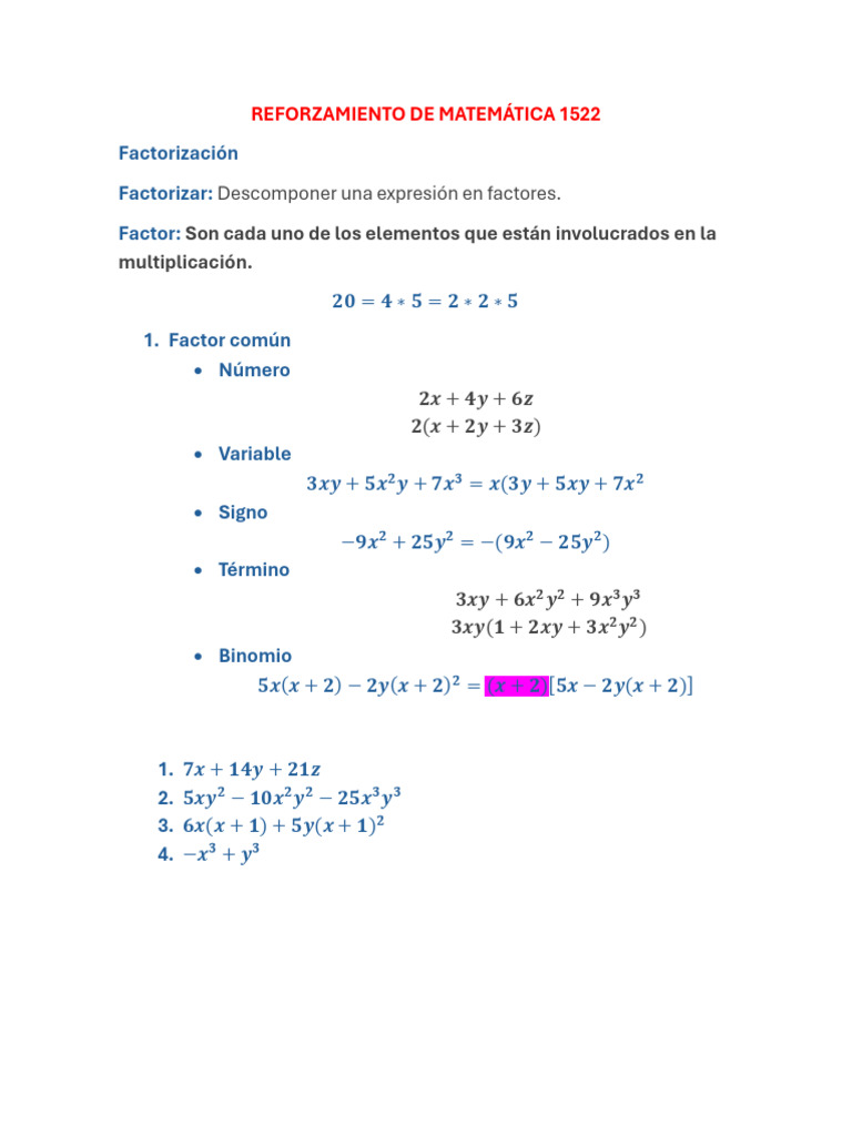 REFORZAMIENTO DE MATEMÁTICA | Descargar gratis PDF | Factorización | Matemáticas