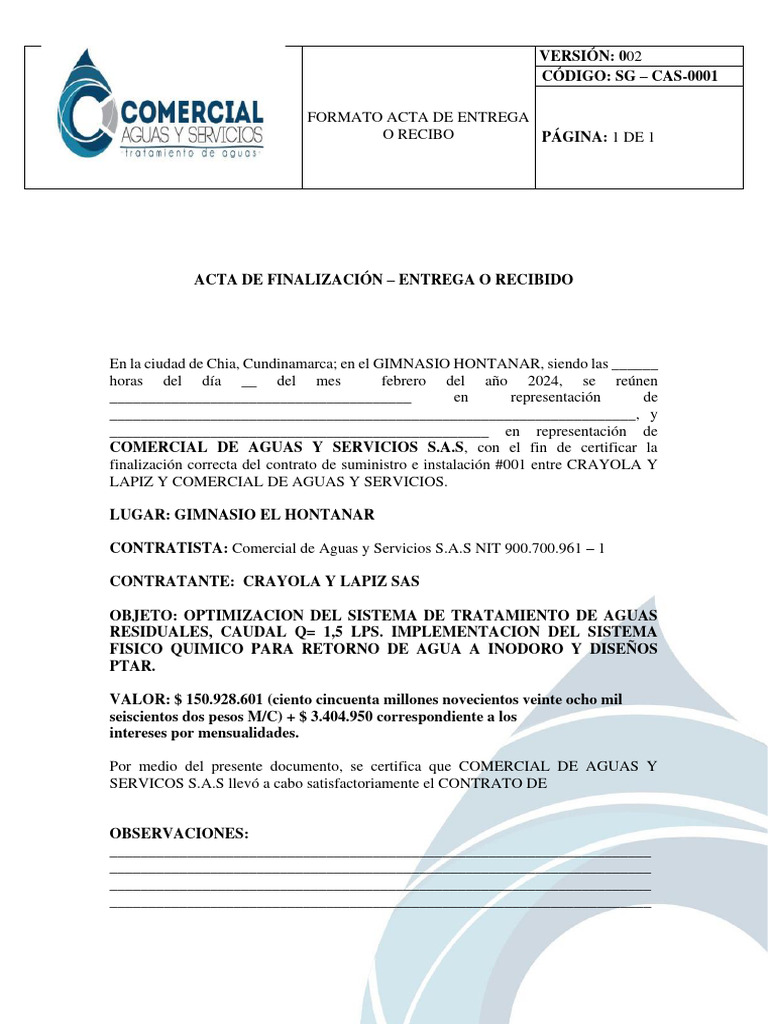 SG-CAS-0001 VS 2 ACTA DE ENTREGA O RECIBIDO - VERSIÓN 2 MFS HONTANAR | PDF