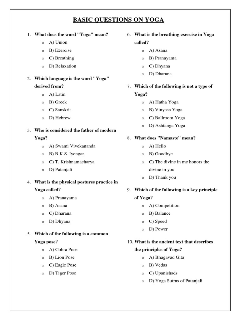 Yoga Basics Quiz | PDF | Asana | Yoga