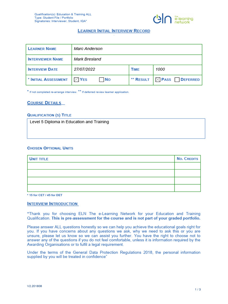 Learner Initial Interview Record | PDF