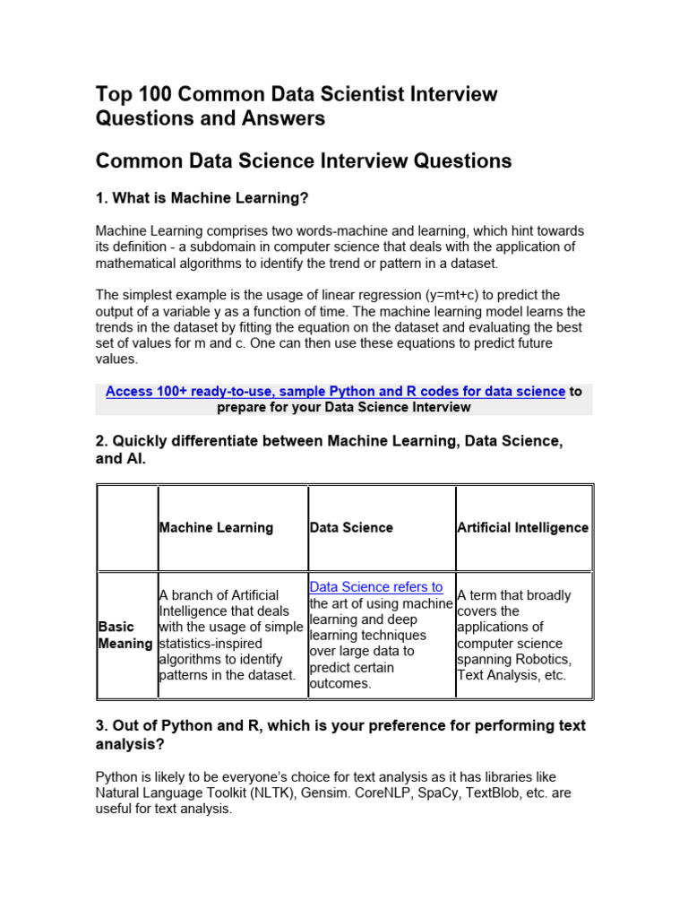 Common Ds Interview Questions And Answers 1 Pdf Machine Learning Data Science 