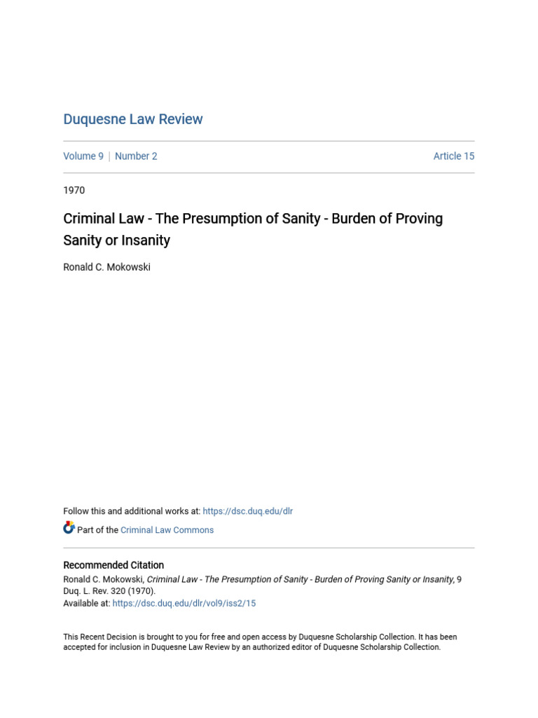 Criminal Law - The Presumption of Sanity - Burden of Proving Sani | PDF | Insanity Defense ...