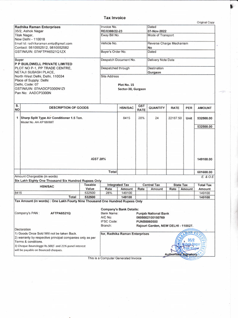 GST Invoice For Sharp Split AC | PDF | Invoice | Public Finance