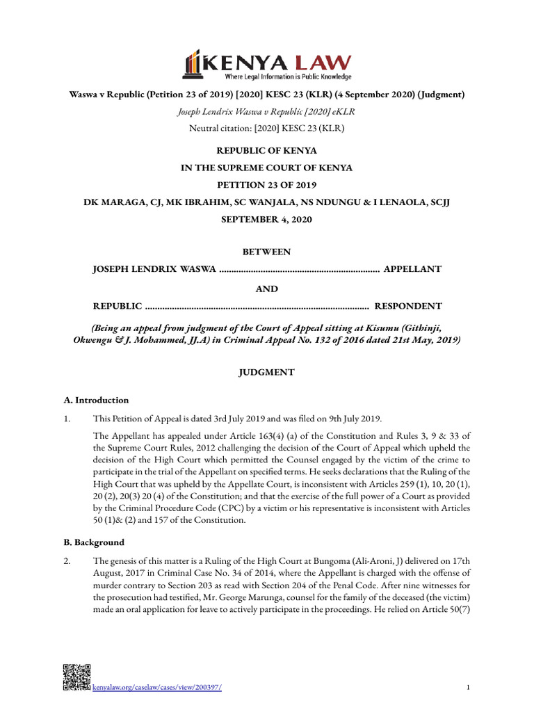 Joseph Waswa Versus Republic | PDF | Prosecutor | Appeal