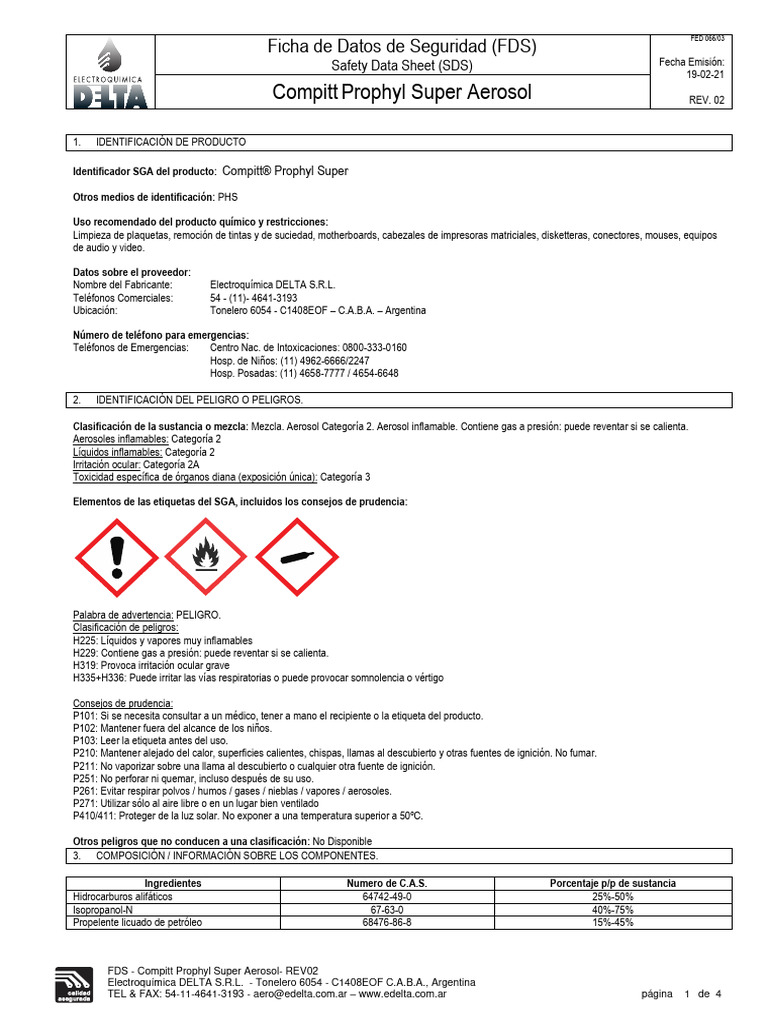 FDS - Compitt Prophyl Super Aerosol - REV02 | PDF | Agua | Combustión