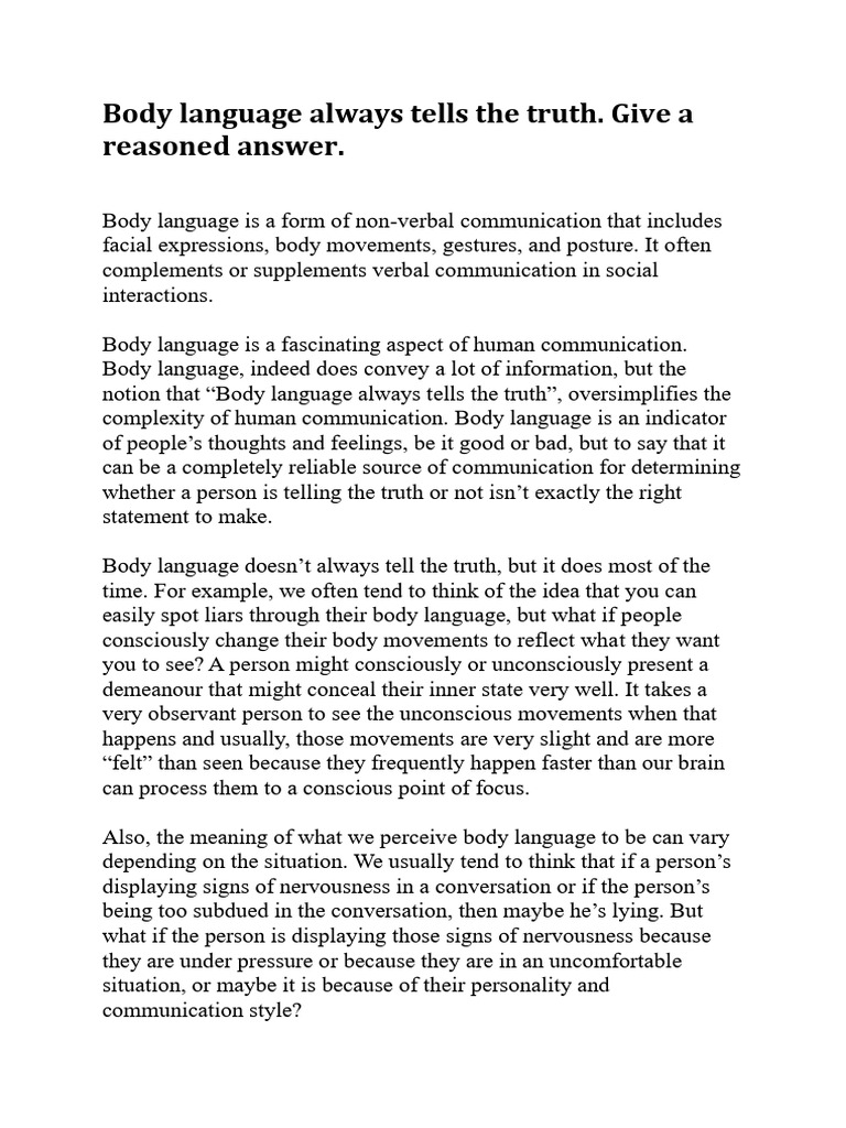 Body Language Always Tells The Truth. Give A Reasoned Answer | PDF ...