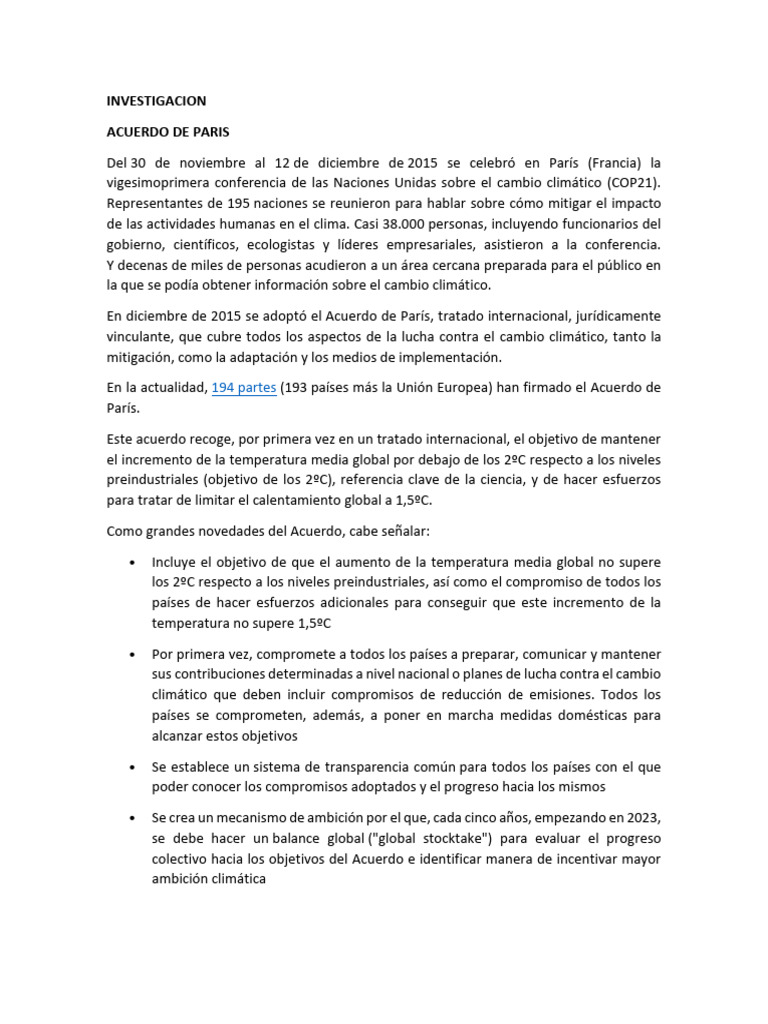 1 Investigacion Acuerdo De Paris Pdf Cambio Climático Protocolo
