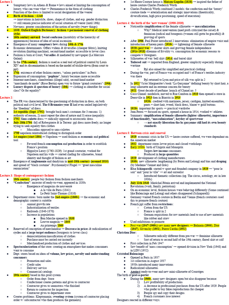 History of Fashion Cheat Sheet | PDF | Fashion | Clothing