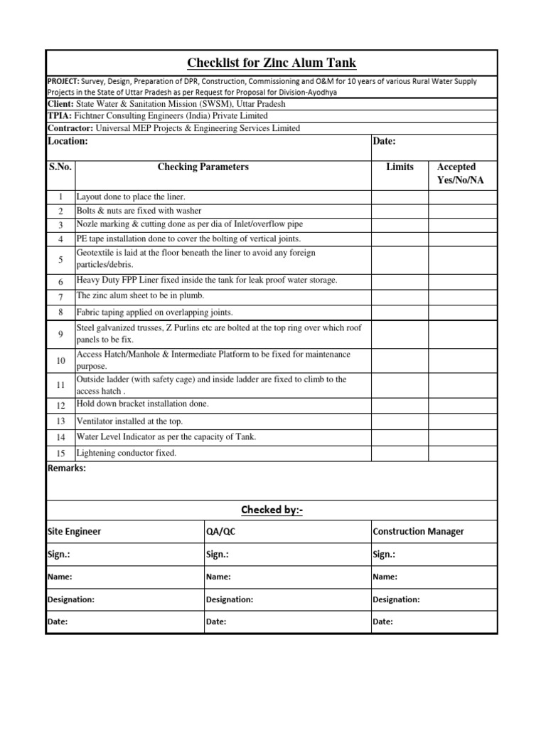 Checklist For Zinc Alum Tanks | PDF | Technology & Engineering