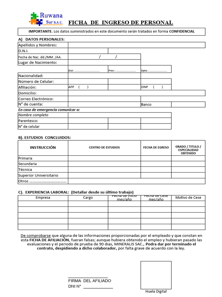 Ficha de Afiliación Ruwana Sur | PDF