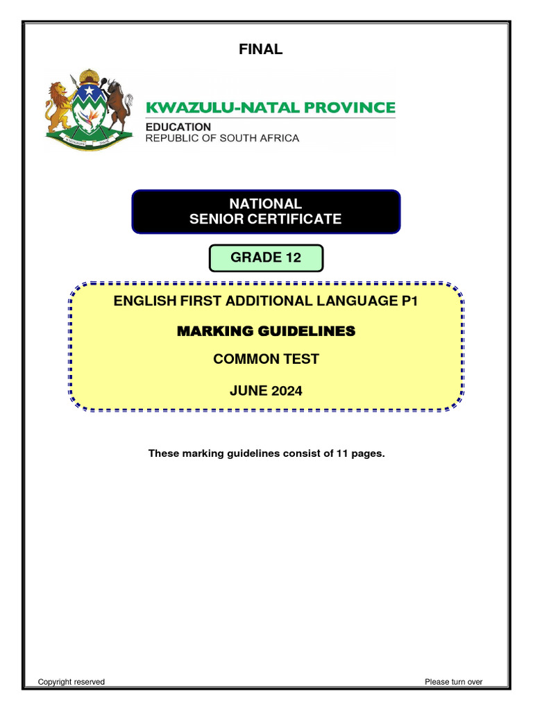 Final English Fal p1 June 2024 Grade 12 Marking Guideline | PDF | English Language | Multiple Choice