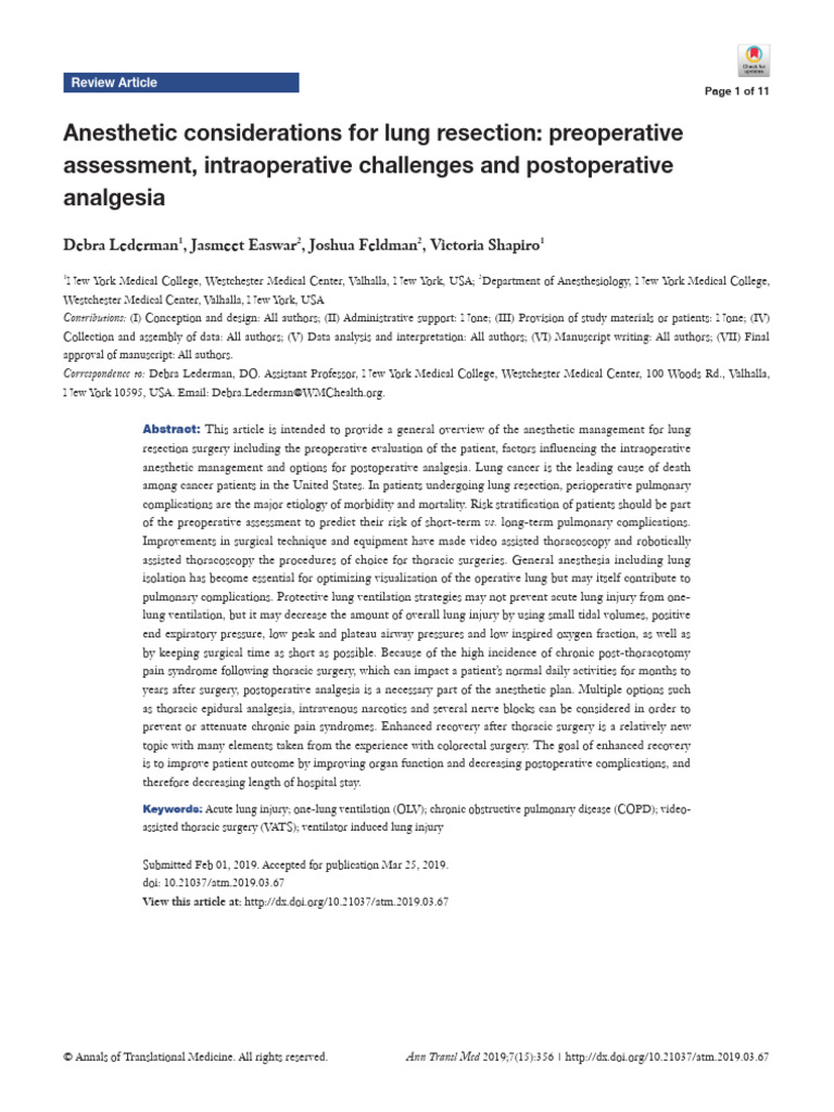 Anesthetic Considerations For Lung Resection - Preoperative Assessment ...