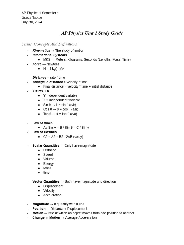 Unit 1 - AP Physics - Study Guide | PDF | Velocity | Acceleration