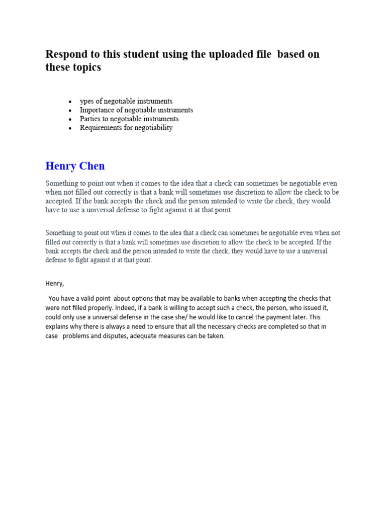 Respond to This Student Using the Uploaded File Based on These Topics ...