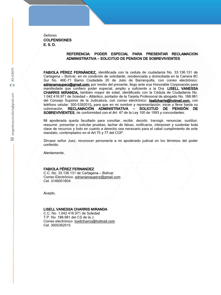 Poder Fabiola Pérez - Colpensiones | PDF | Gobierno | Justicia