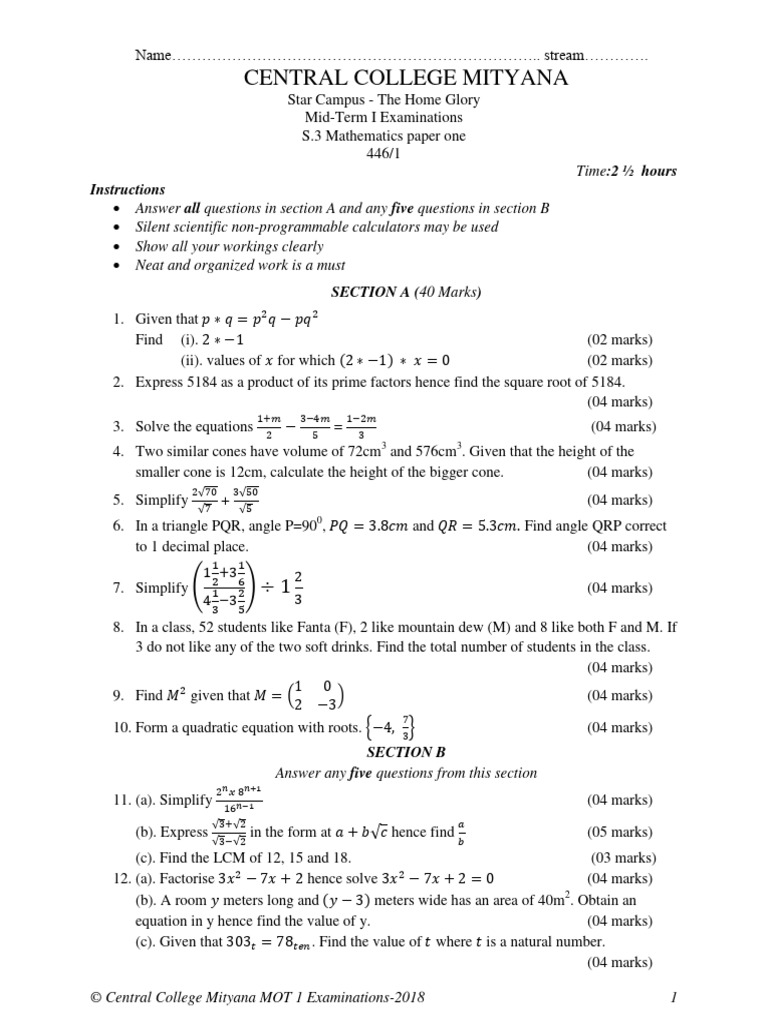 s3 Mathematics Paper One Mid Term 1 | PDF | Square Root | Mathematical ...
