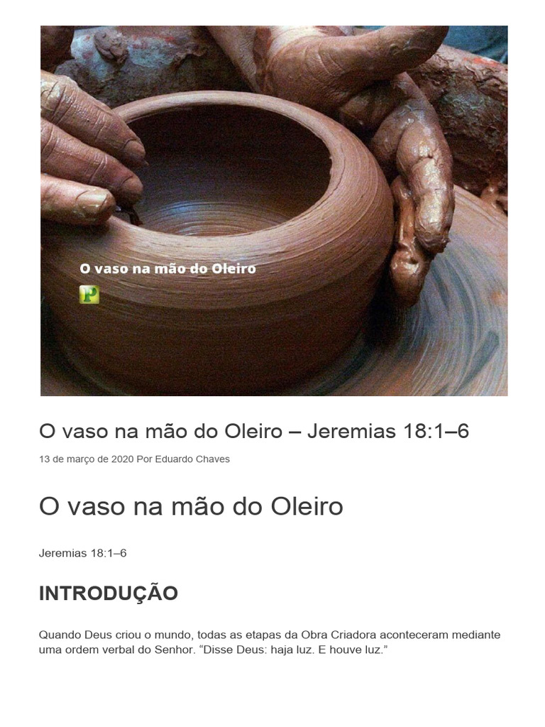 O Vaso Na Mao Do Oleiro Jeremias 18 1 6 1 Pdf Deus Cerâmica