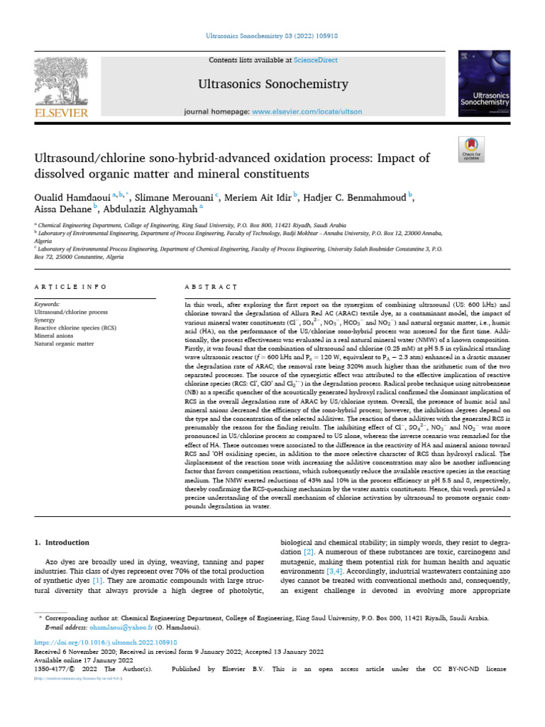 Ultrasonics Sonochemistry | PDF | Chlorine | Hydrogen Peroxide