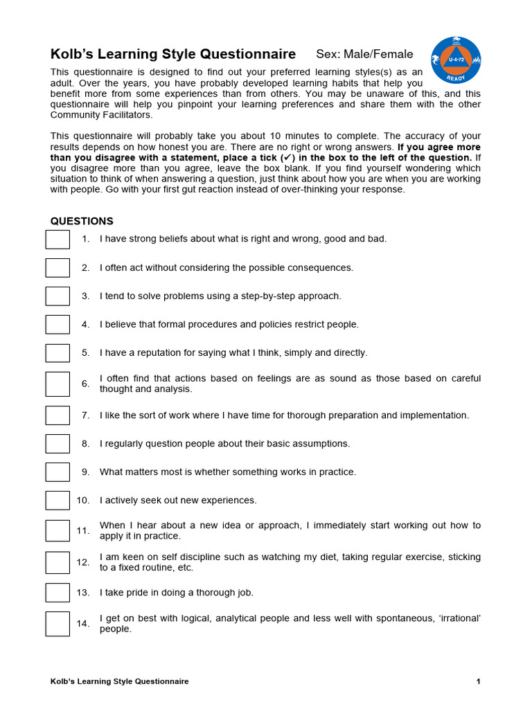 Kolbs Learning Style Questionnaire 2 | PDF | Learning Styles | Experience