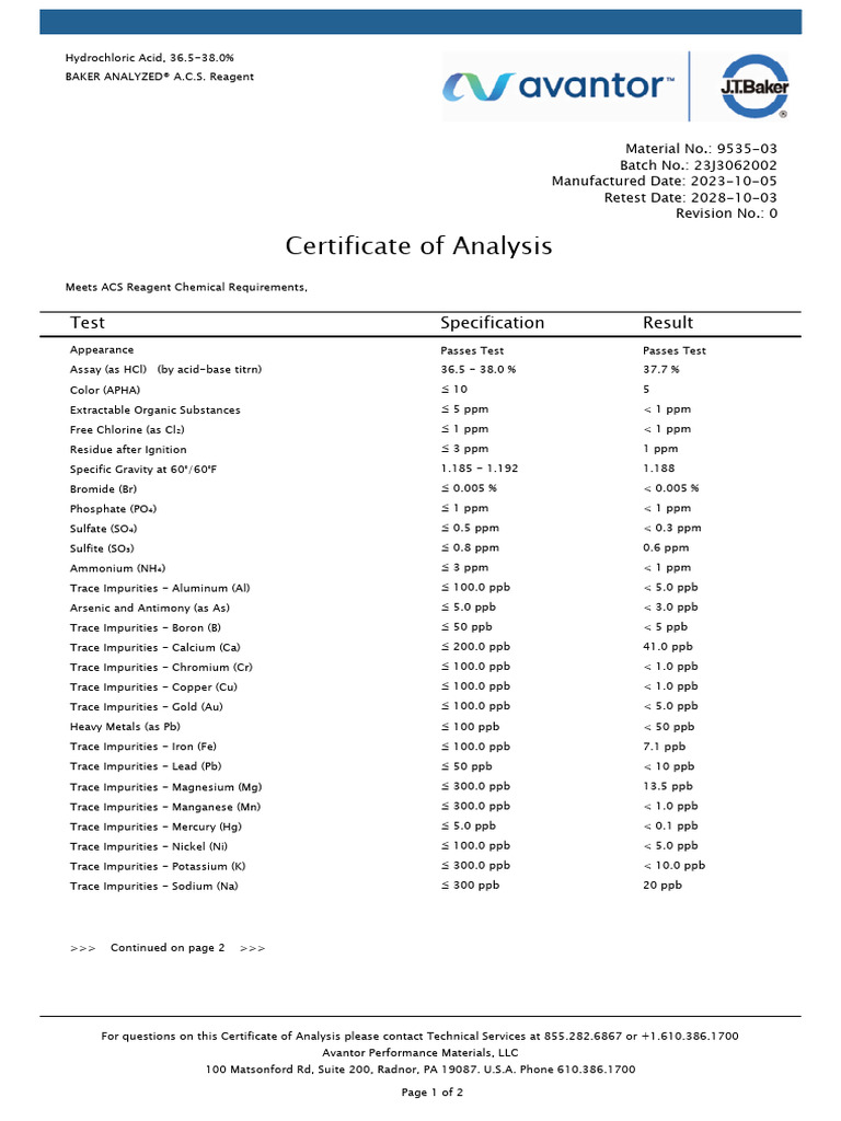 COA HCL | PDF | Hydrochloric Acid | Chemistry
