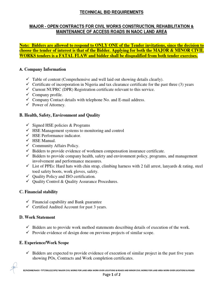 Major Civil Works-Technical Bid Requirements | PDF | Business