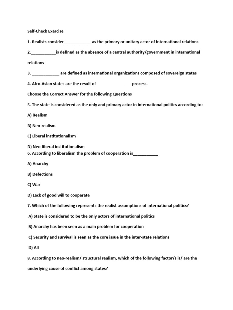 International Relations Self-Check Quiz | PDF