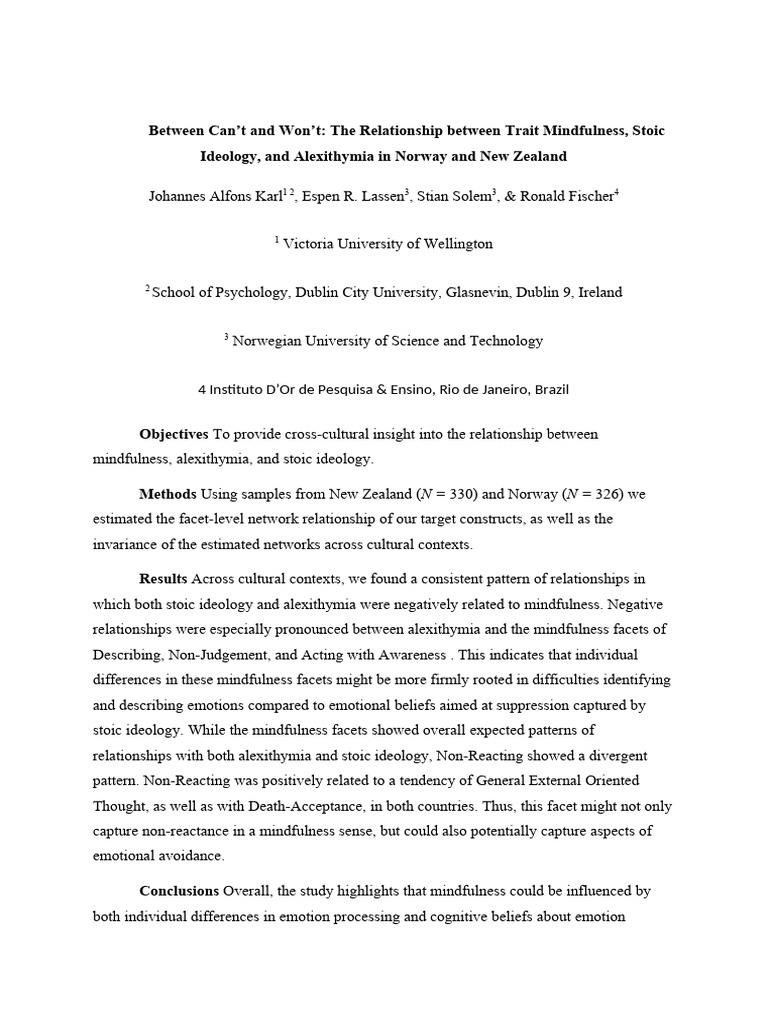 Mindfulness, Stoicism, and Alexithymia Study | PDF | Mindfulness | Emotions