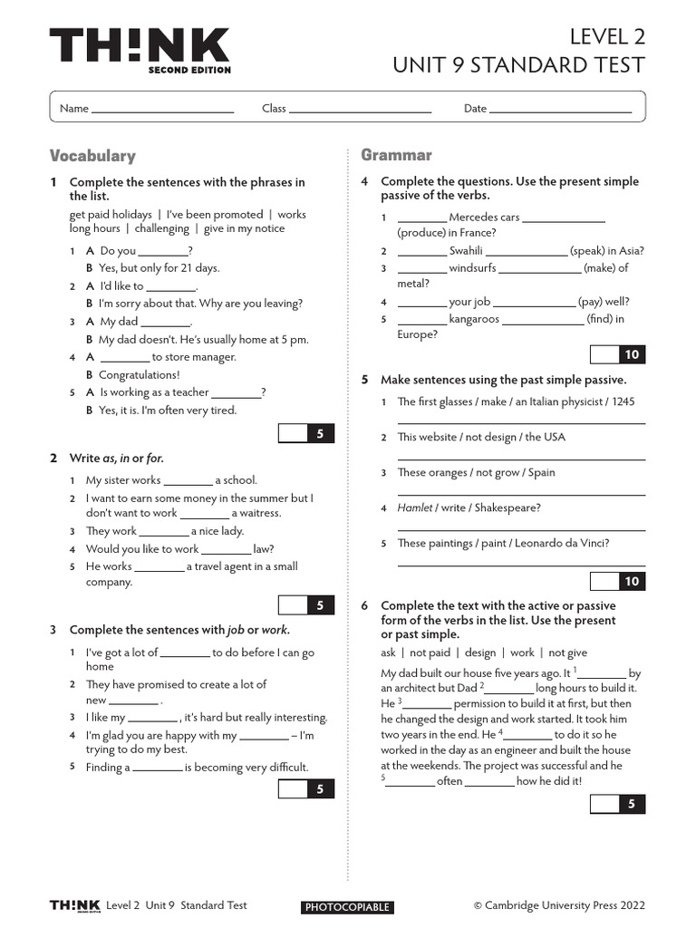 Level 2 Unit 9 Standard Test | PDF | Linguistics | Grammar