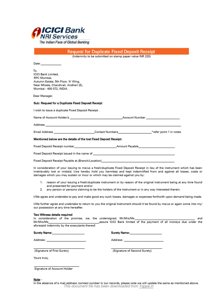 Request For Duplicate Fixed Deposit Receipt | PDF | Indemnity | Financial Services