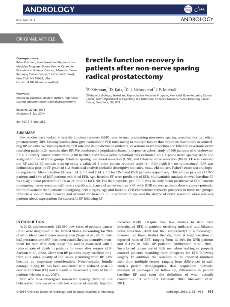 Erectile Function Recovery Post-Prostatectomy | PDF | Surgery | Statistics